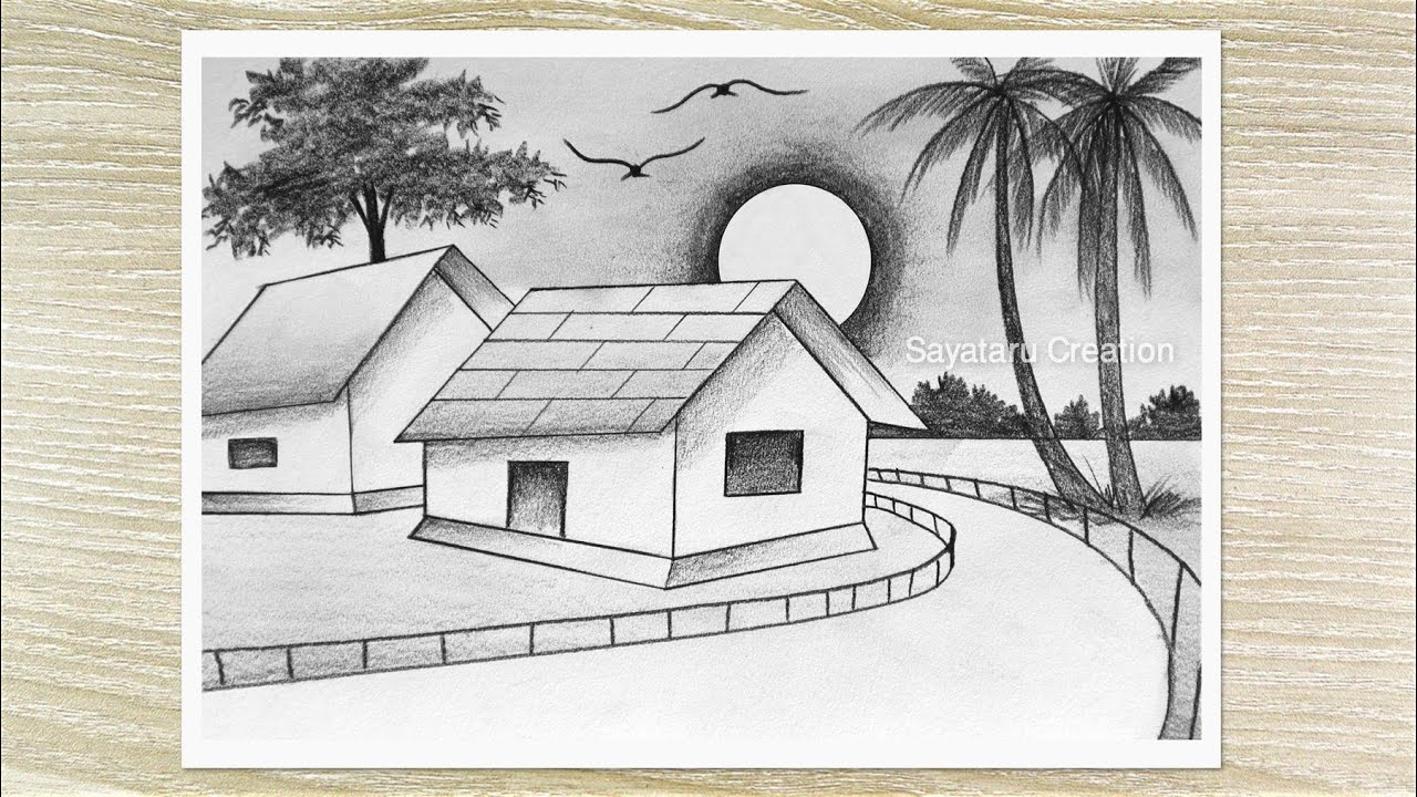 How to draw Beautiful Sunset Scenery with Pencil, Pencil Shading for ...