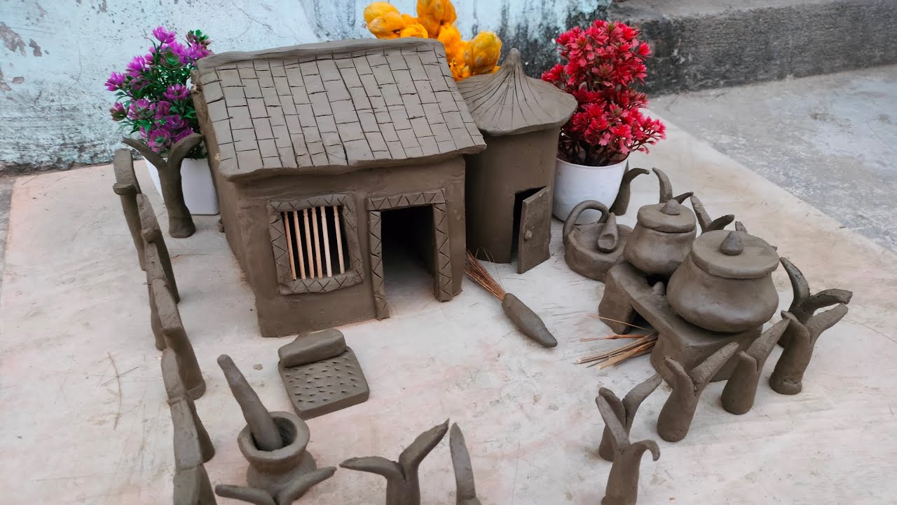 DIY clay house design || miniature clay house design || mitti ka ghar ...