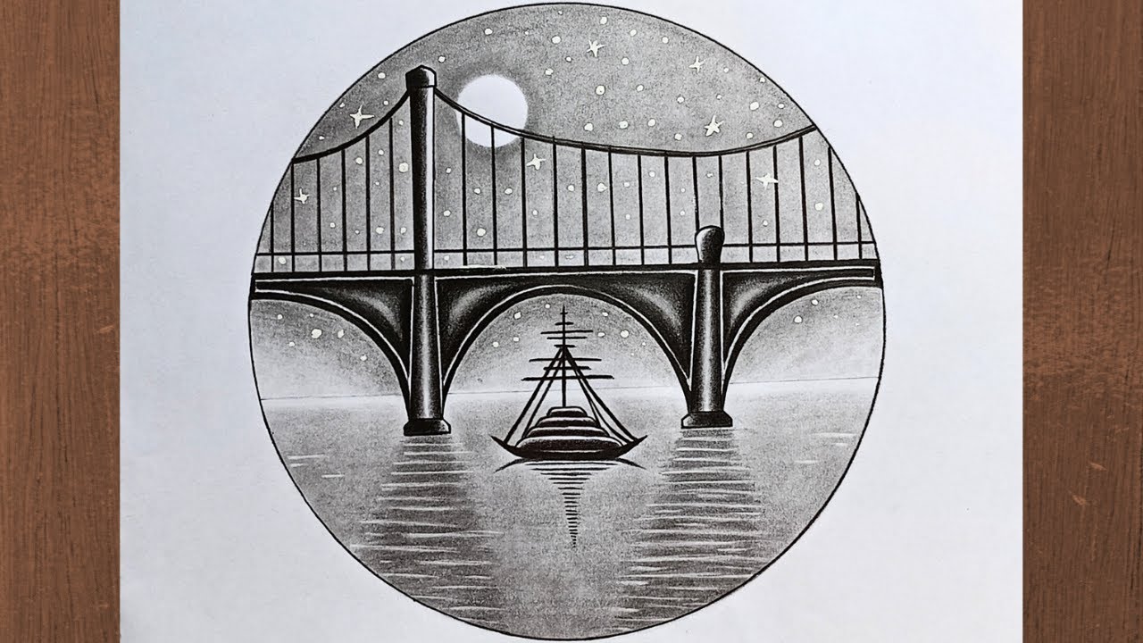 Night Bridge Scenery Drawing || Moonlight Scenery with Pencil Sketch ...