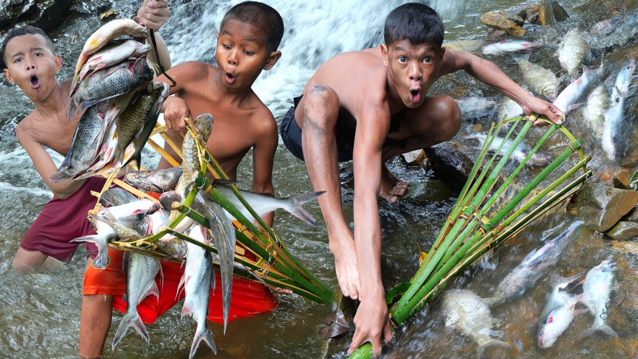 Fish eating, cooking recipe eat show delicious | Primitive technology ...