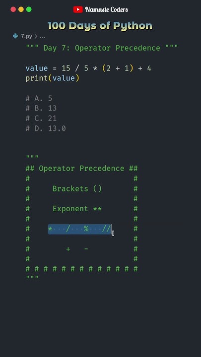Operator Precedence | Day 7 | 100 Days of Python #pythonprogramming #100dayschallenge - YouTube