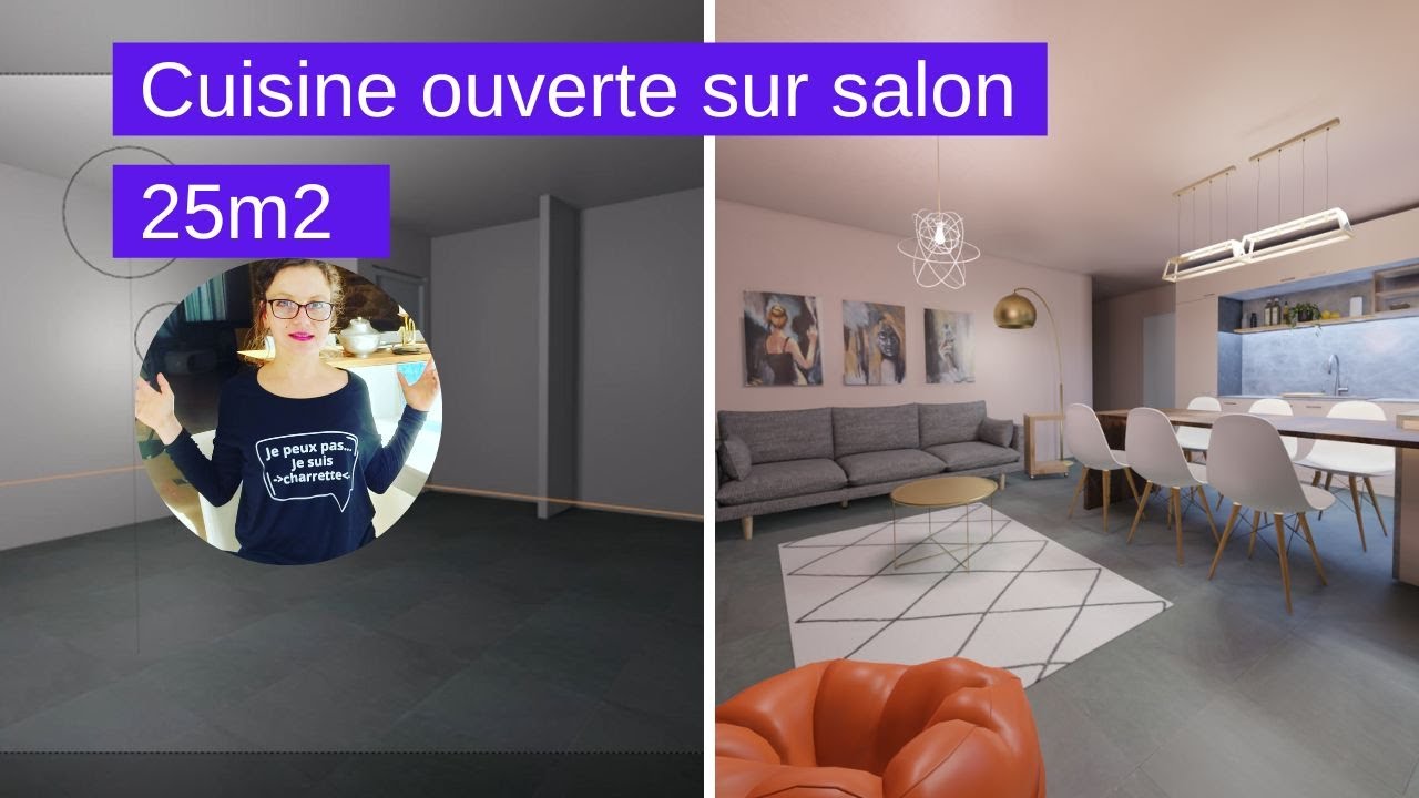 Cuisine ouverte sur salon 25m2 avec îlot central [Etude projet] - YouTube