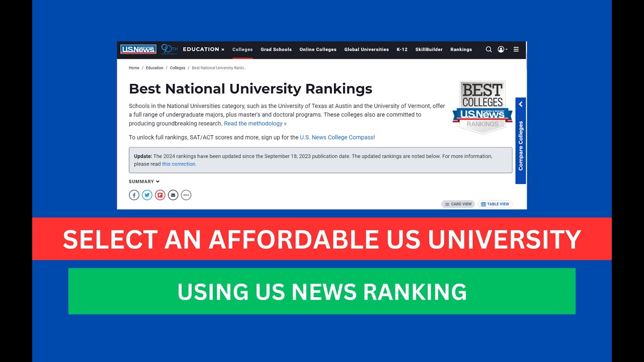 how to select an affordable ranked US University using US News Ranking ...
