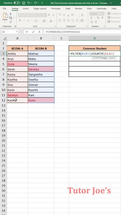 Excel Tips and Tricks: Finding Common Values Between Two Lists for Data Comparison | Tutor Joes ...