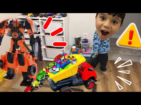 🔴 Çocuklar için Oyuncak arabalar videosu itfaiye kamyon kepçe traktör polis arabası robot arabalar