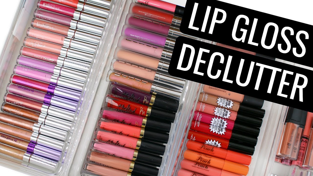 MAKEUP DECLUTTER 2018! CUTTING MY LIP GLOSS COLLECTION IN HALF - YouTube