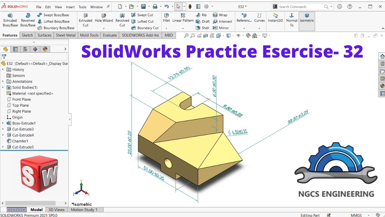 SolidWorks Practice EXERCISE-32 || 3D sketch, slots, Extruded boss/base ...