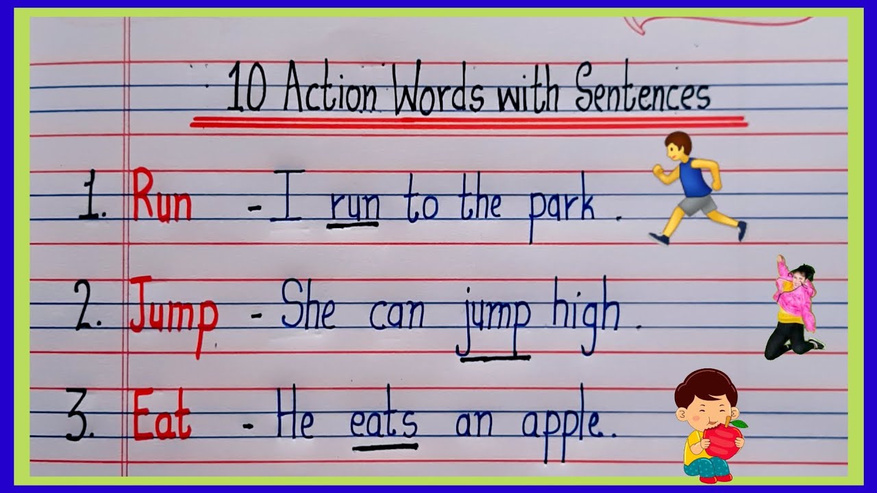 ACTION WORD SENTENCES IN ENGLISH GRAMMAR | 10 Action words with ...