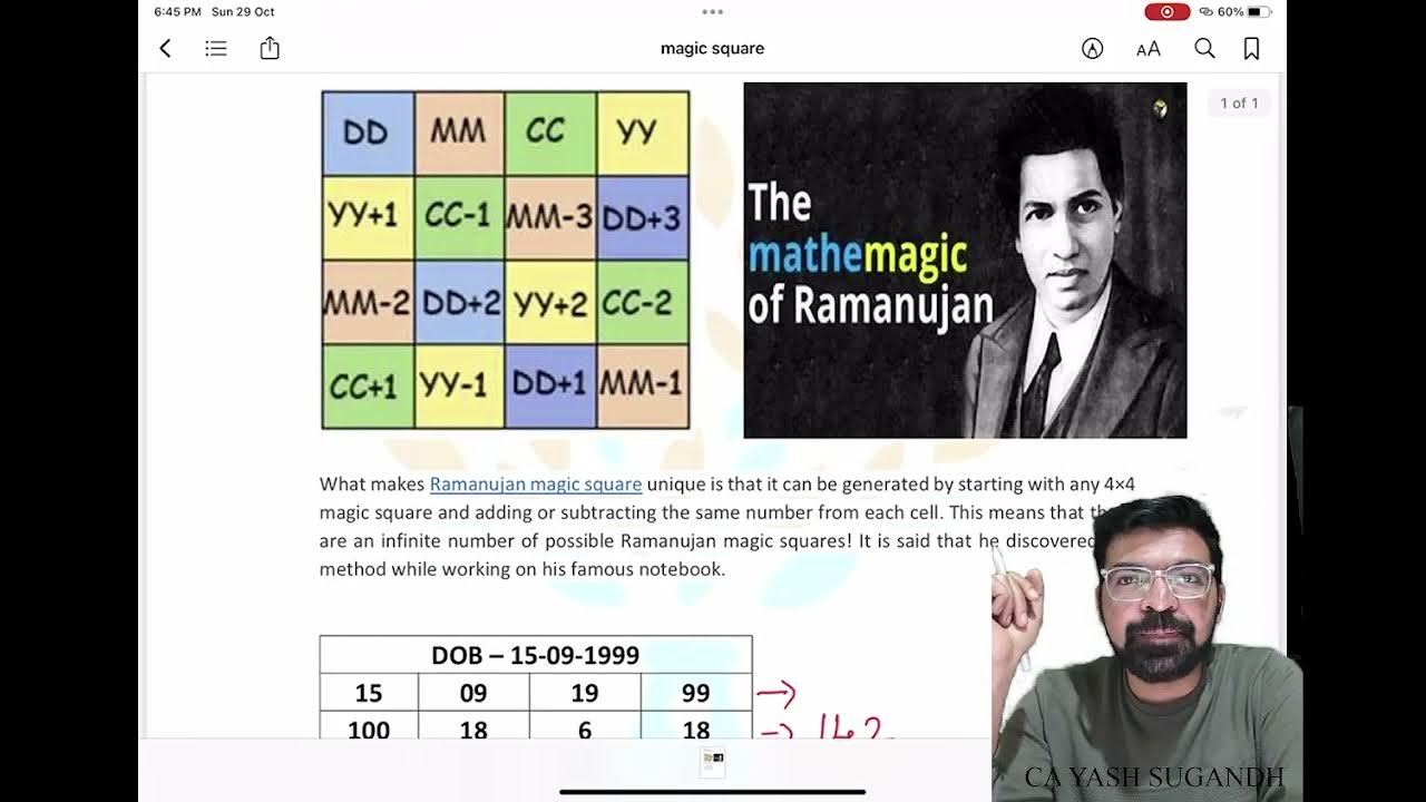 MATHEMATICIAN RAMANUJAN'S MAGIC SQUARE - YouTube