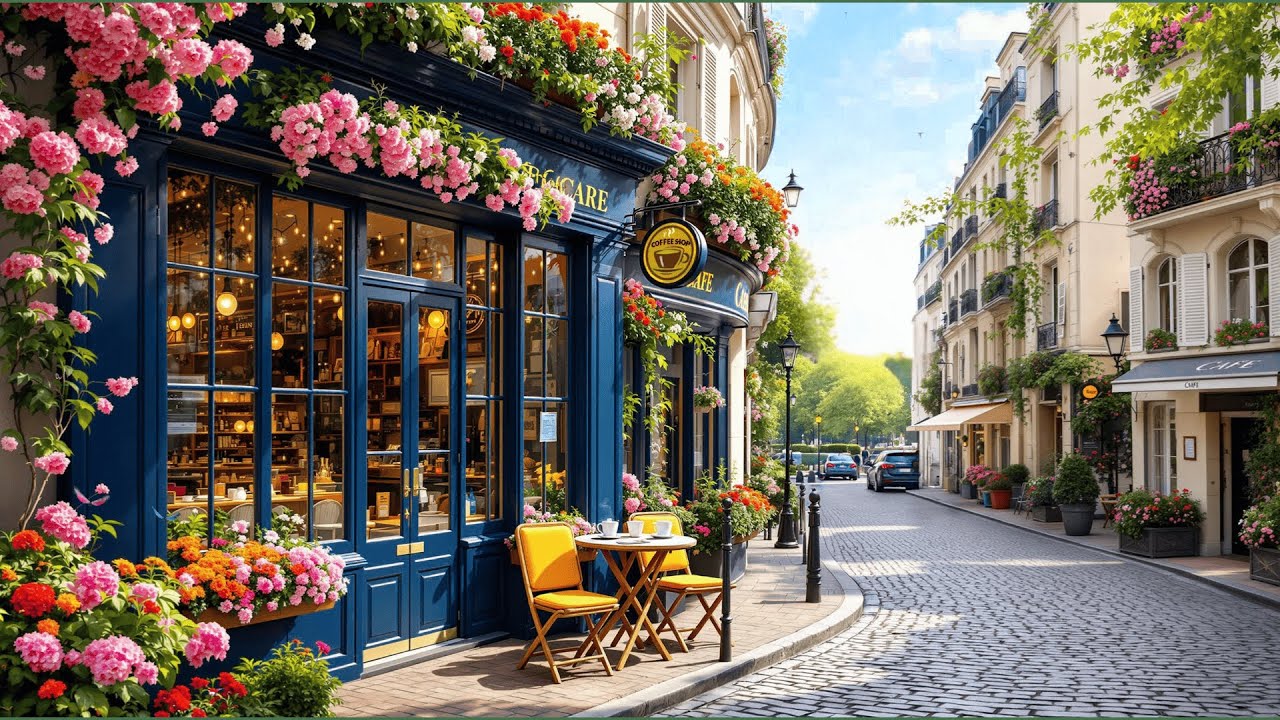 Cozy French Cafe Scene 🌺☕ Smooth Jazz Music at Spring Coffee Shop ...