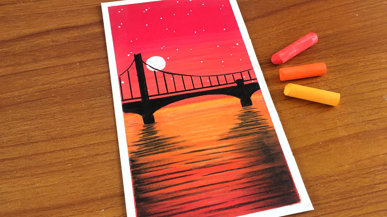 Red Bridge Scenery Oil Pastel Painting for beginners | Easy Oil Pastel ...