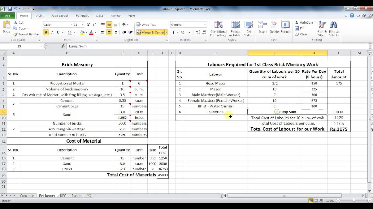Labours required for Brick Work In Microsoft Excel-Unite Coaching - YouTube