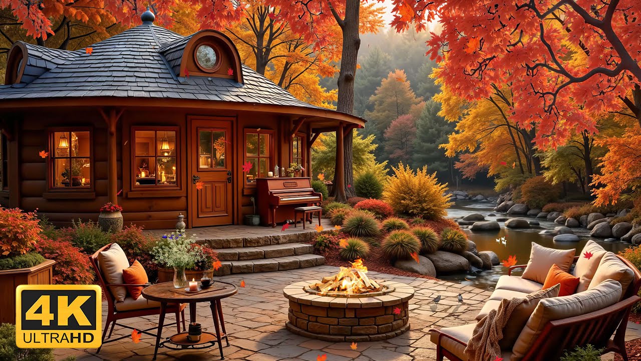 Autumn Riverside Cabin 🍁 Cozy Firepit 🔥 Relaxing Piano & Peaceful Fall ...
