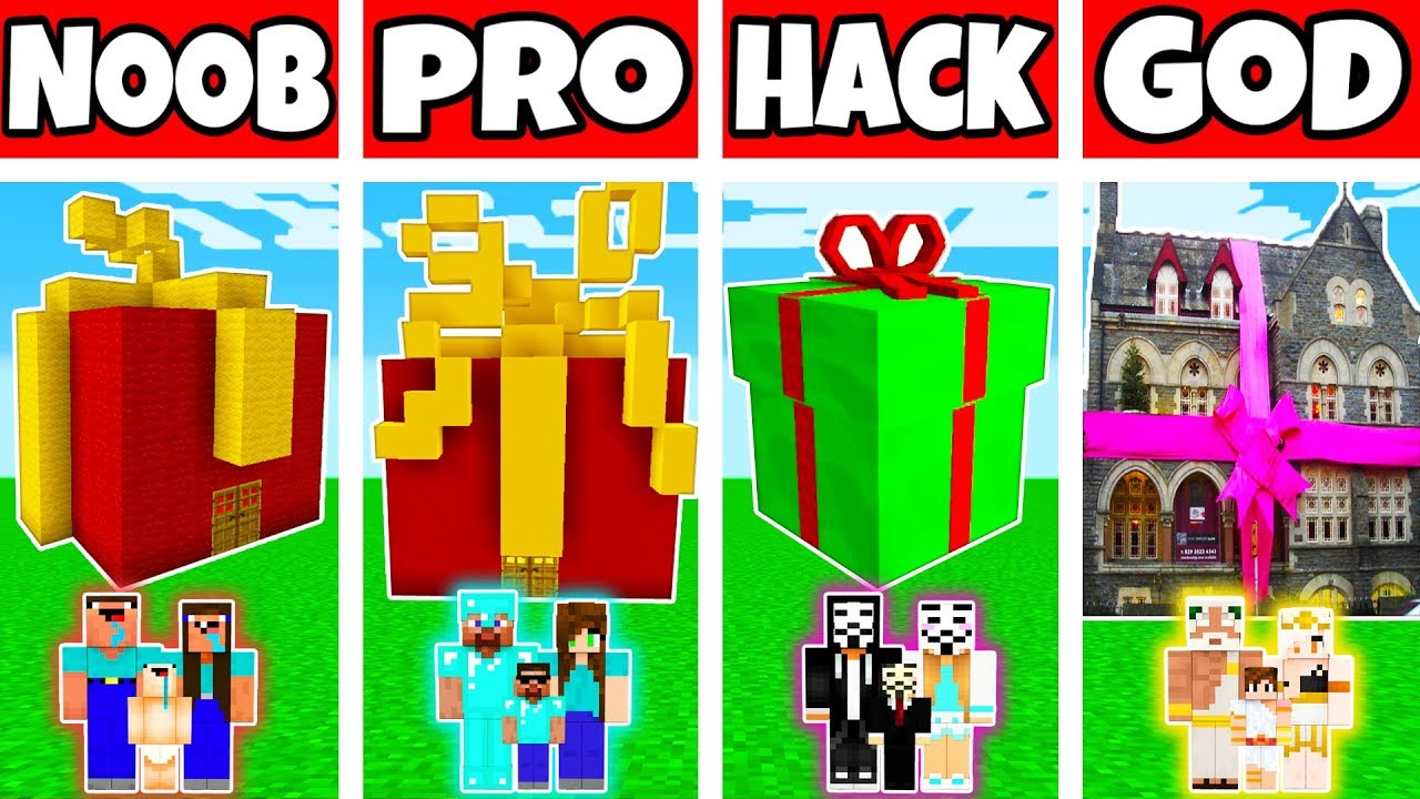 Minecraft: FAMILY PRESENT HOUSE BUILD CHALLENGE - NOOB vs PRO vs HACKER ...