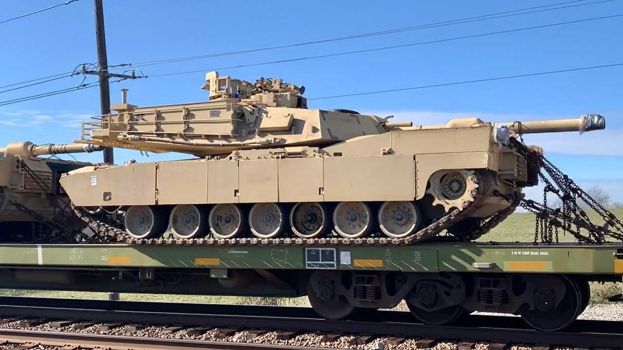 Military Train With Army Tanks Gaining Speed & Train Comes Up The Hill ...