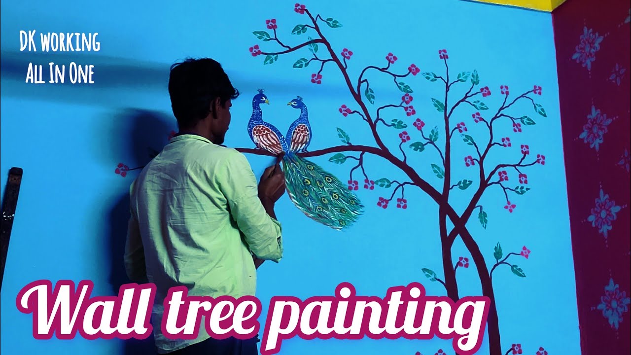 how to make beautiful tree wall painting || tree and Peacock wall || painting wall art idea # ...