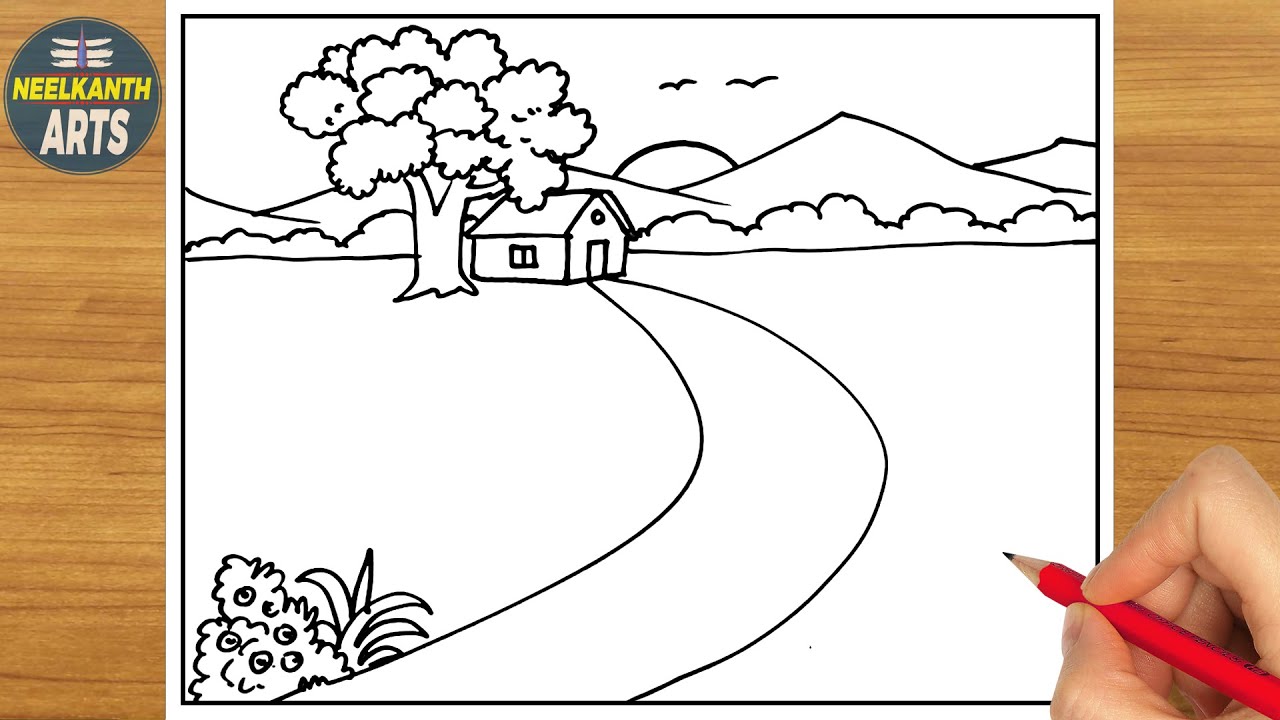 Very Simple and Easy Scenery Art for Beginners | Scenery Drawing ...