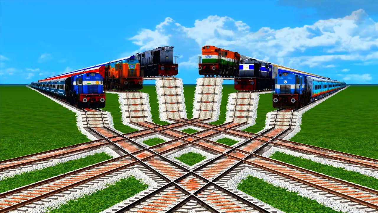 Six Crazy Trains Dangerous Jump On Bumpy Crisscrossed Six Railroad ...