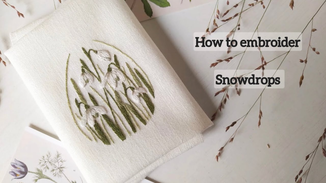 How to embroider snowdrops. Embroidery process. Long and short stitches ...
