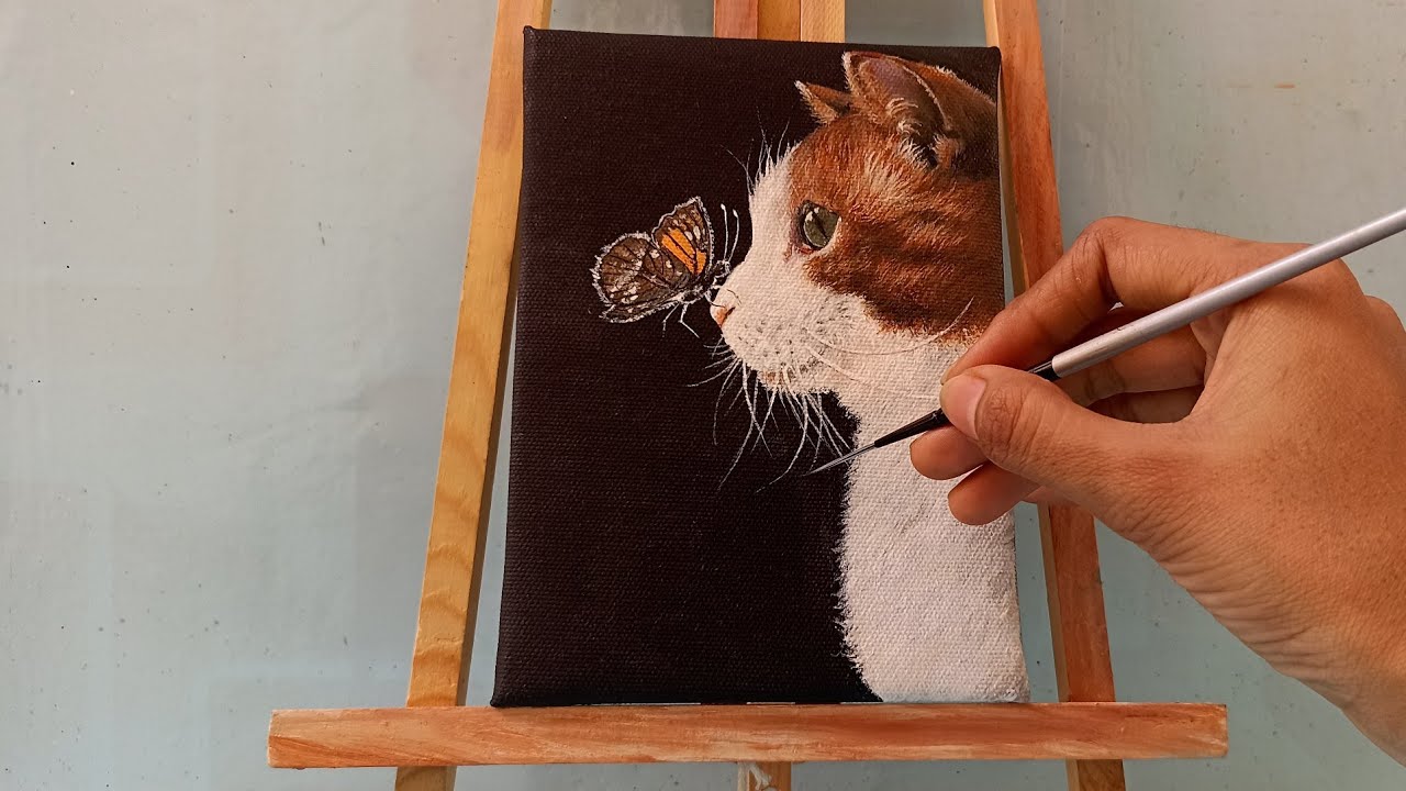 Painting A Cute Cat in Dark Night// Realistic Cat Painting with acrylic ...