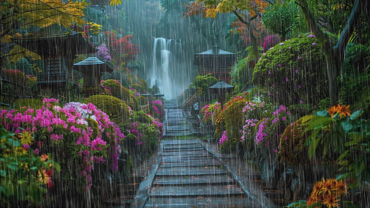 Epic Rain & Waterfall Symphony in Japanese Garden 🌧️ Peaceful Rain ...