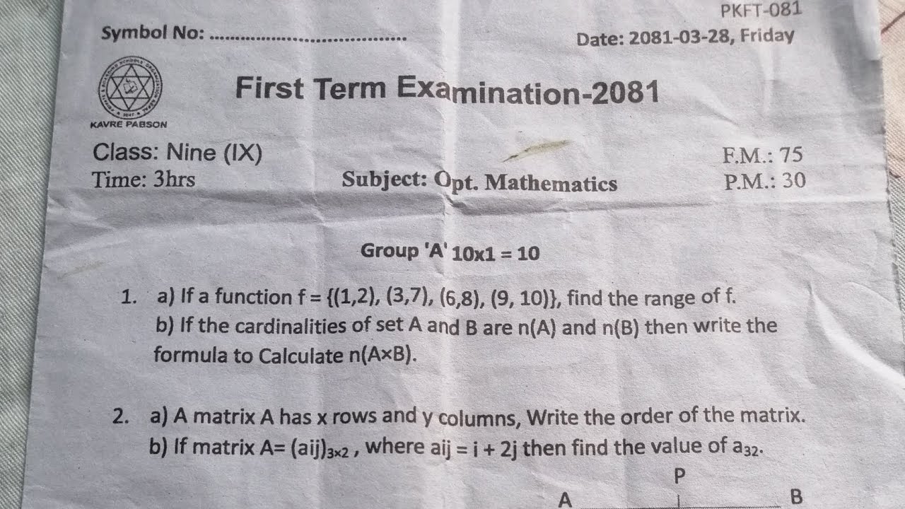 Kavre PABSON / first term exam / class 9/ opt. math/ solutions of group ...
