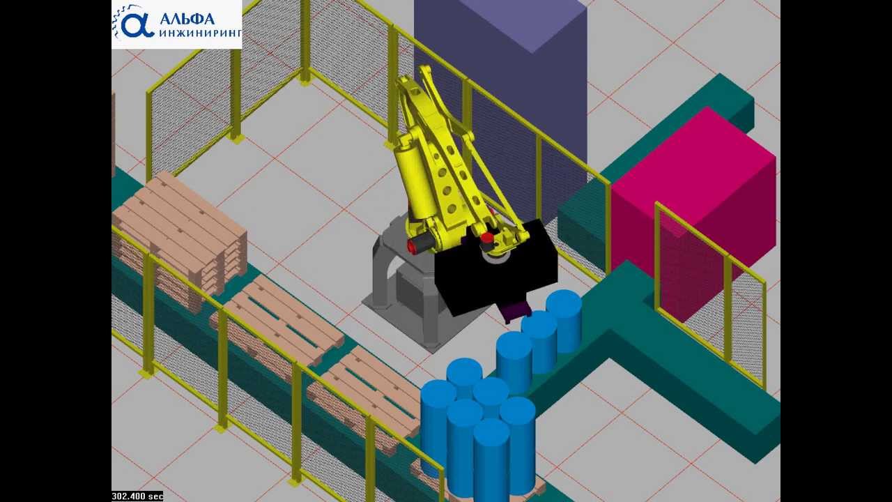 FANUC Robot palletizing line for beer kegs - Model in Roboguide - YouTube