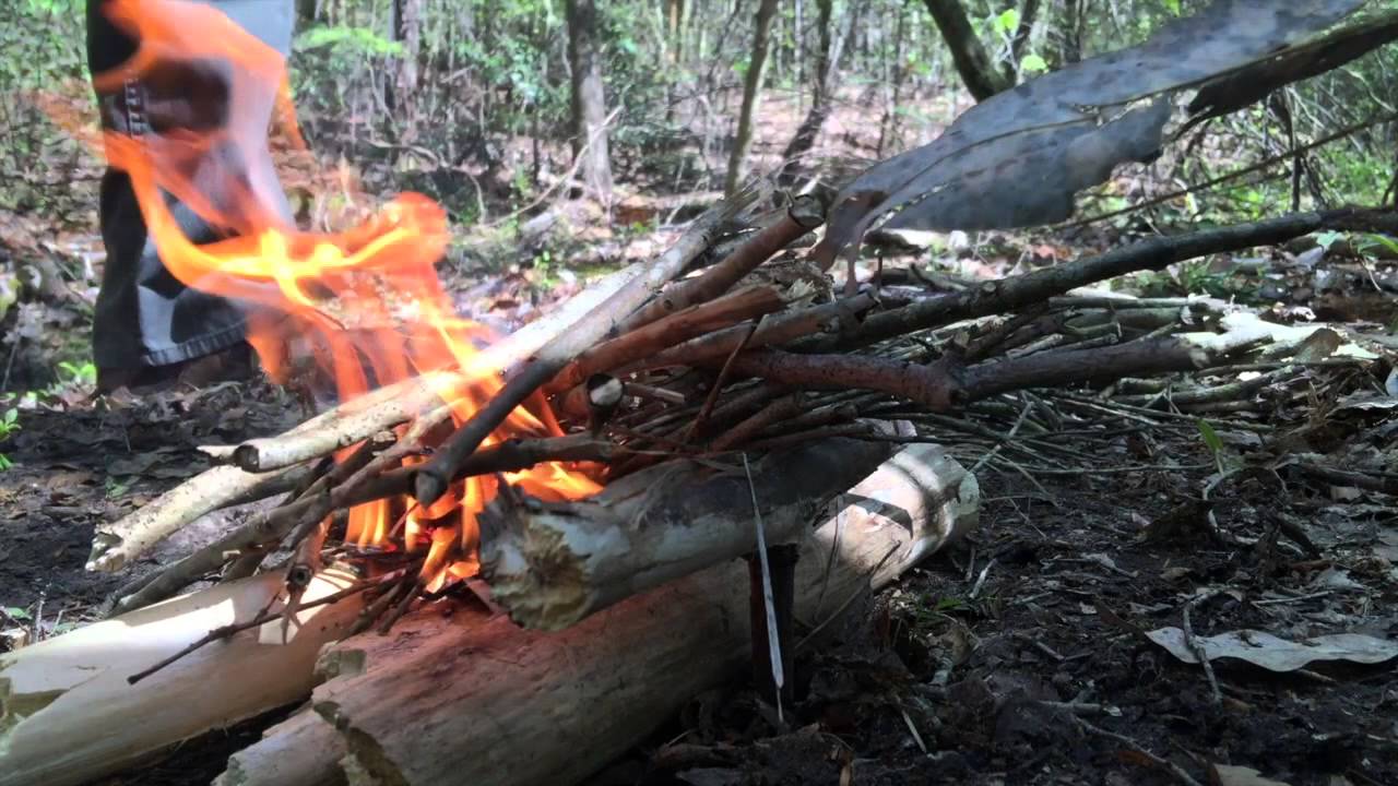 Lean to shelter and dryer lint fire starter. - YouTube