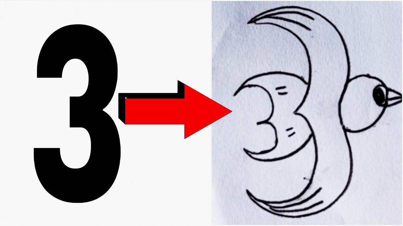 How to draw a bird with number 3 || easy bird drawing || drawing with ...