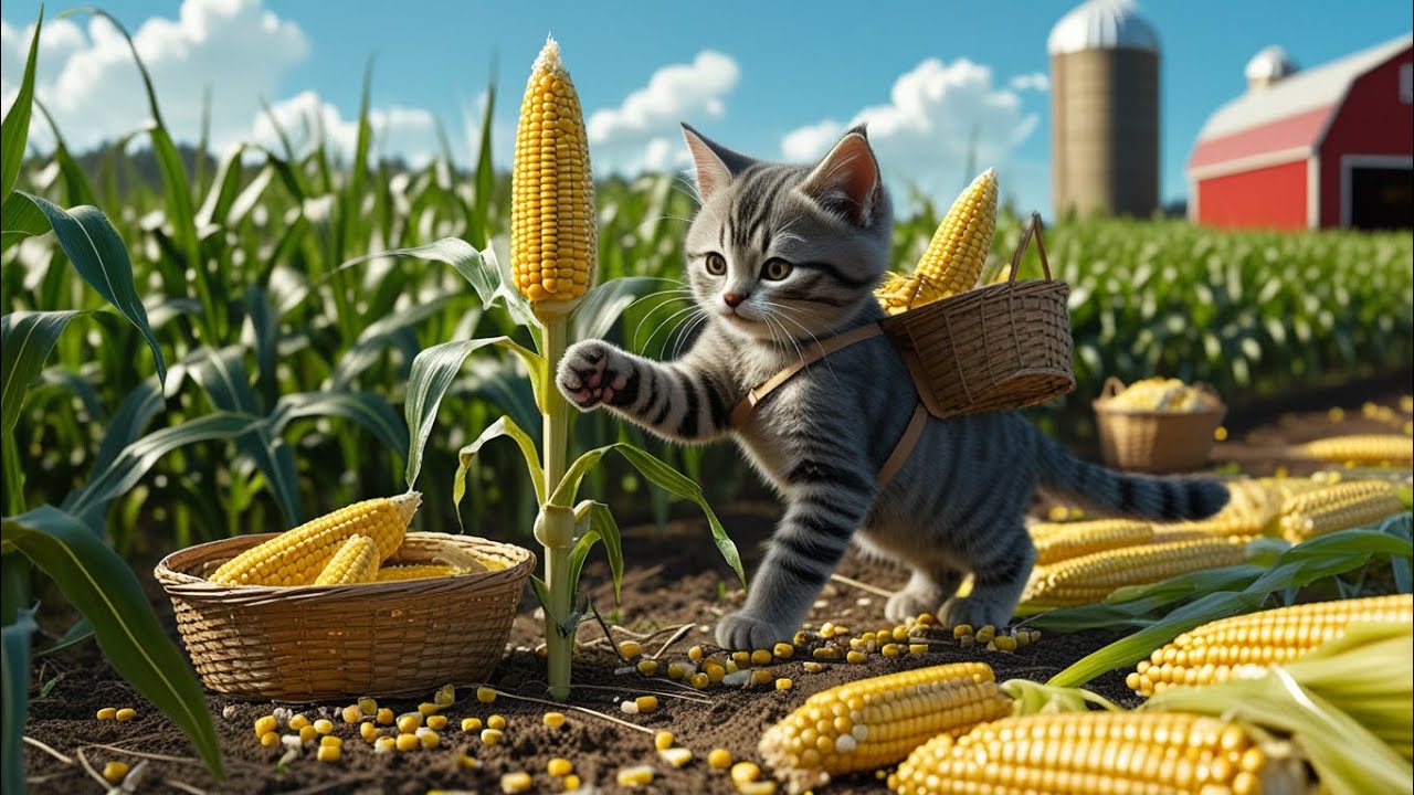 Mama cat & kitten Harvest corn and make Tiger hot For kitten at Home 🌽🌽 ...
