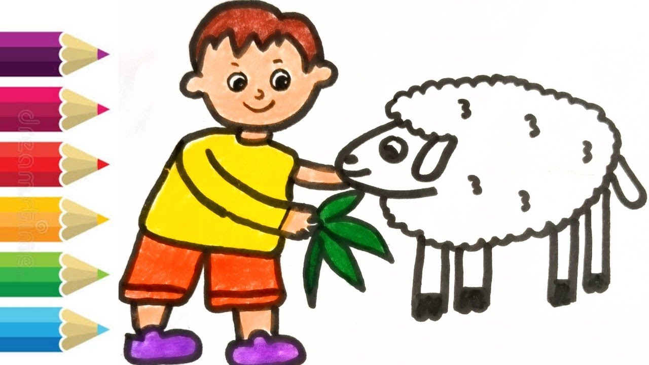 Sheep drawing easy|How to draw a boy with sheep|Sheep drawing for kids ...