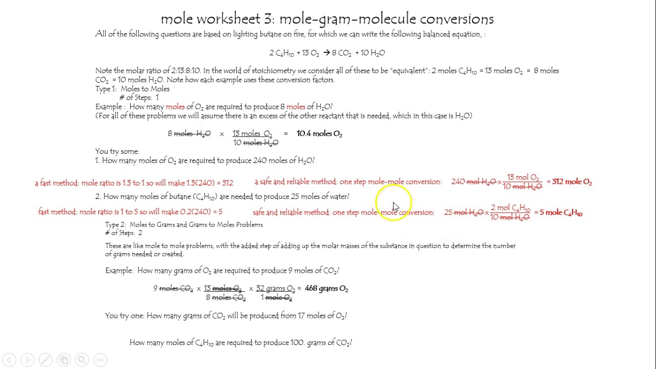 mole worksheet 3: mole g molecule conversions - YouTube