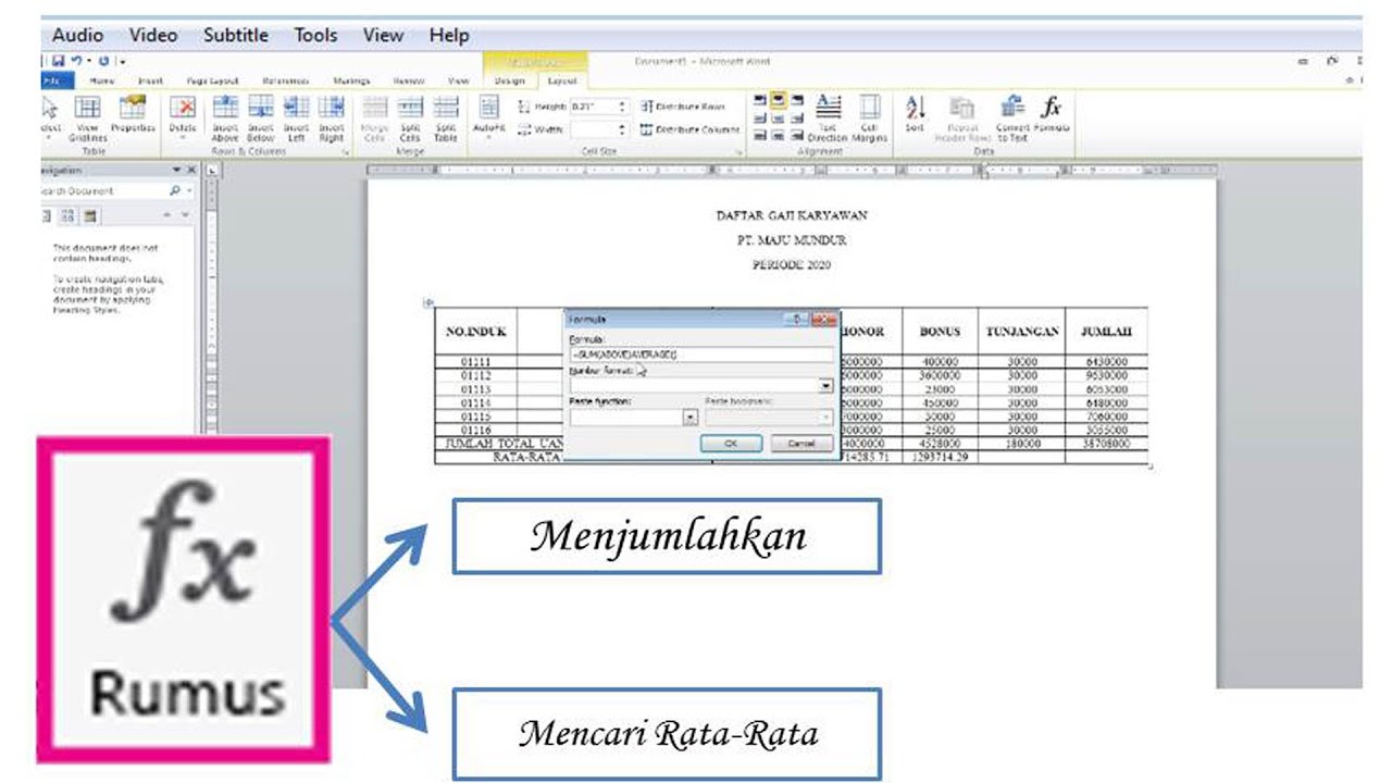 CARA MENJUMLAHKAN,MENCARI RATA RATA DI MS WORD MENGGUNAKAN RUMUS ...