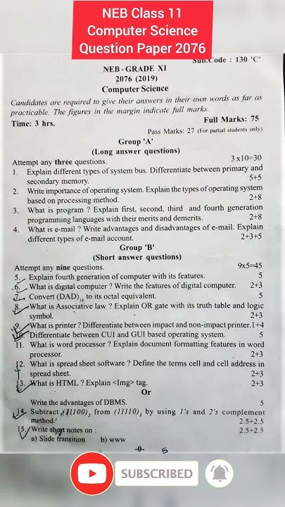 NEB Class 11 Computer Science Question Paper 2076 🔥🔥#neb #class11 #nepal #kathmandu #11th #ktm # ...