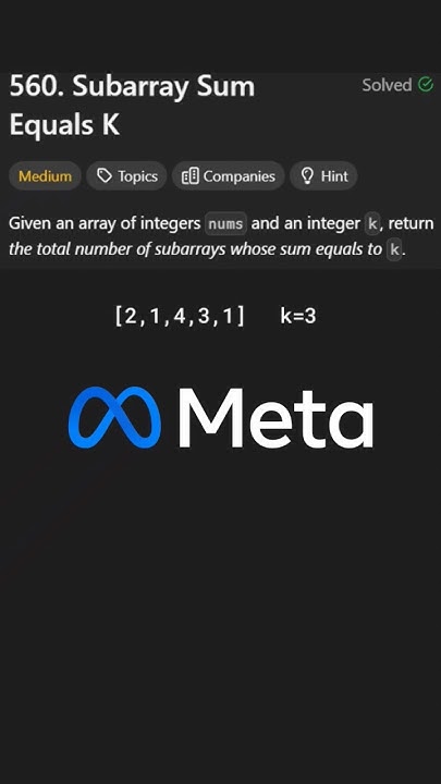 Meta Coding Interview - Subarray Sum Equals K - Leetcode 560 - YouTube