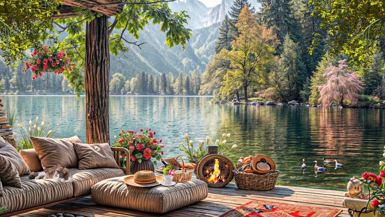 4k Spring Morning Cabin by the Lake, Fireplace, Birdsong, Morning ...