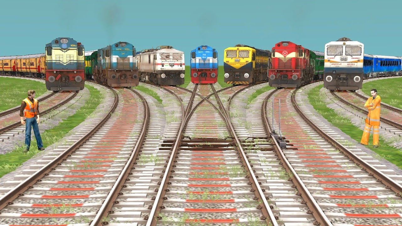 7 TRAINS CROSSING AT CURVED DAIMOND RAILROAD TRACKS | Train Simulator ...