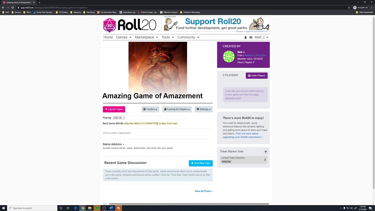 Roll20: Logging into your account and looking at settings for a game ...