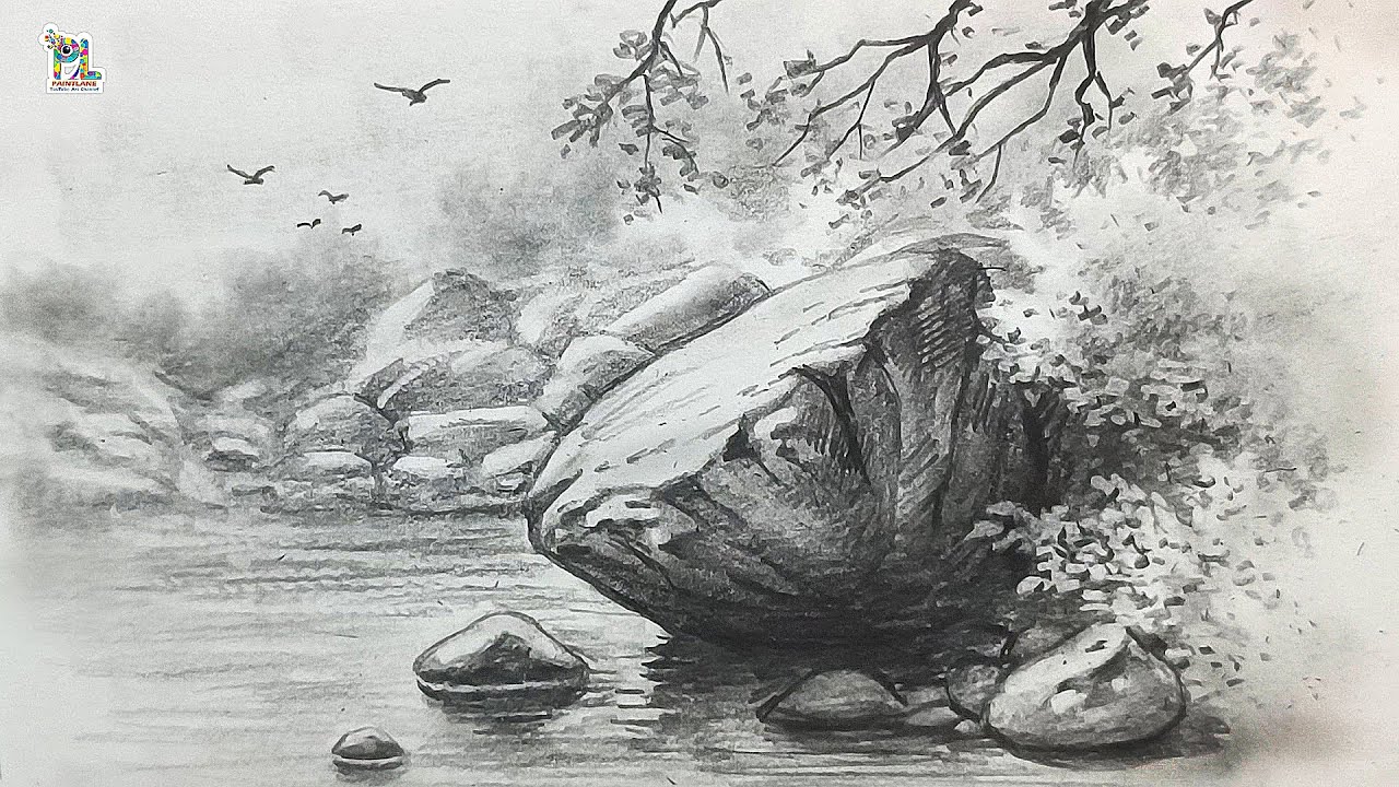 How to draw Big Rock in Scenery Art || Step by step pencil art - YouTube