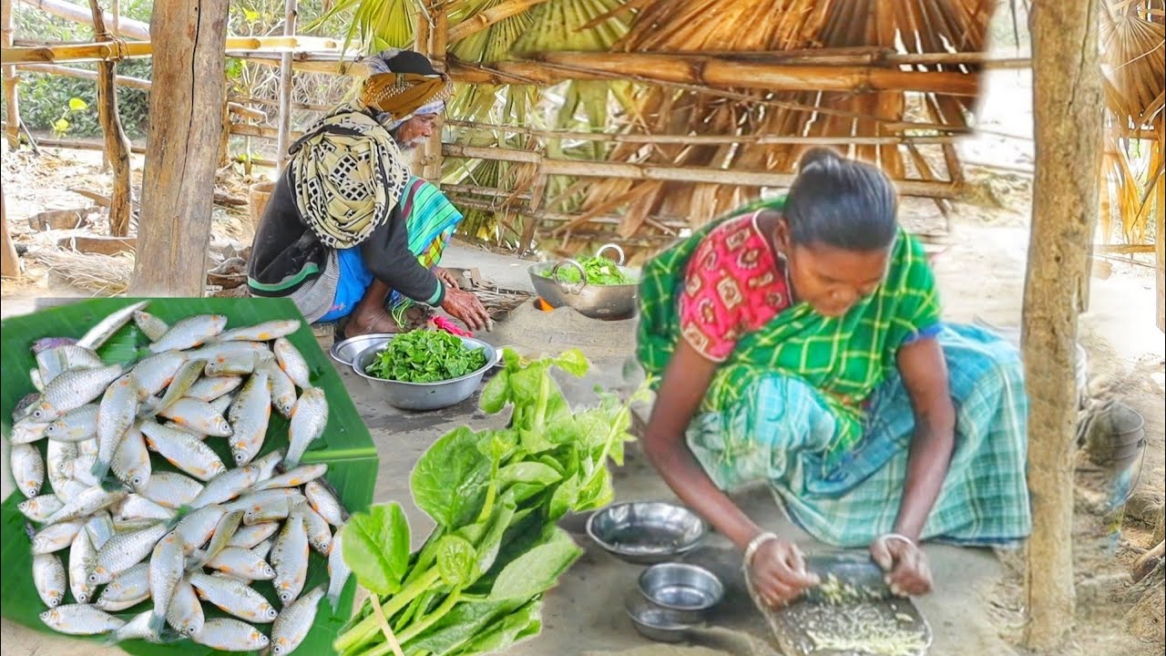 SMALL FISH curry with PUI SHAK cooking by our santali tribe couple in ...