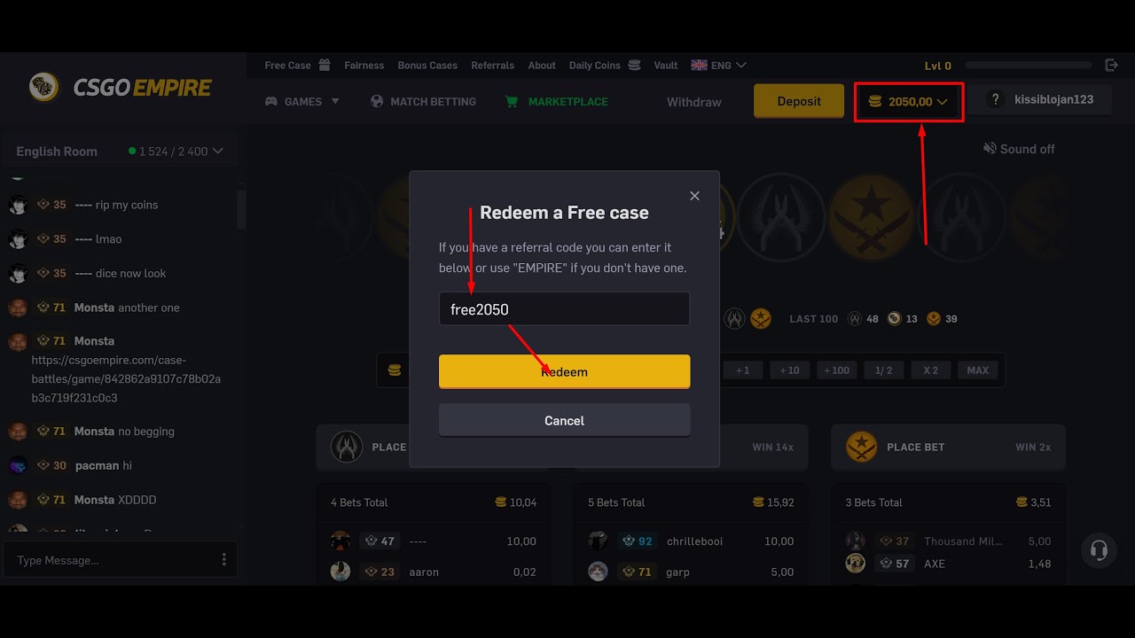 Promo code CSGOEmpire!! BEST BONUS CODE FREE2050 COINS CODE! FREE ...