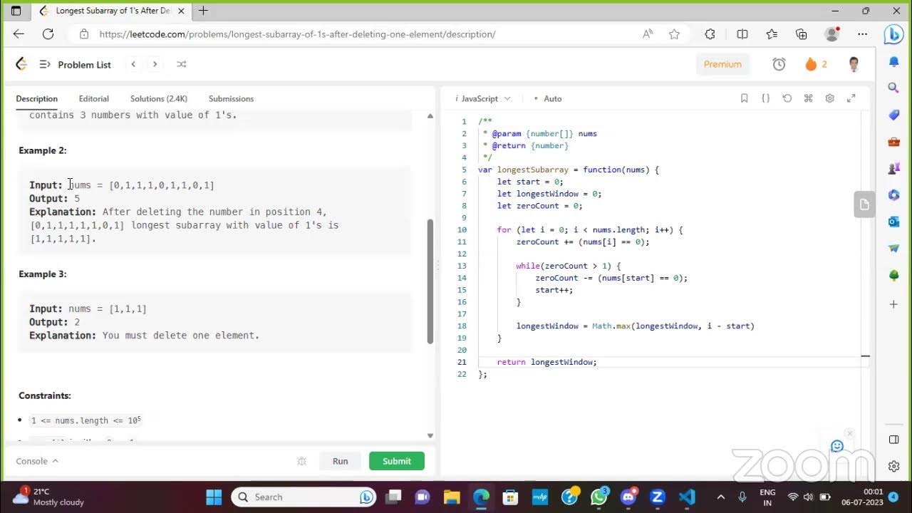 Longest Subarray of 1's After Deleting One Element | 100 Days 100 DSA | Day 2 | Leet Code ...