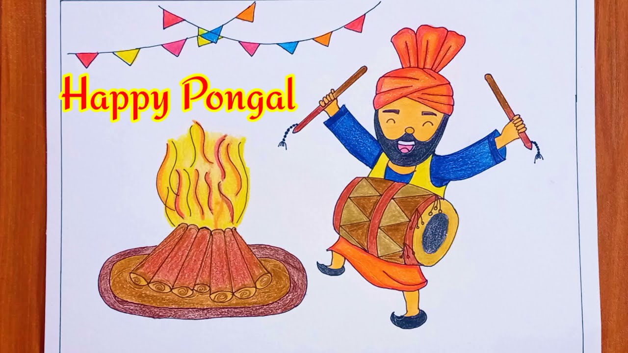 How to draw easy Pongal festival drawing | Easy Makar Sankranti Drawing ...