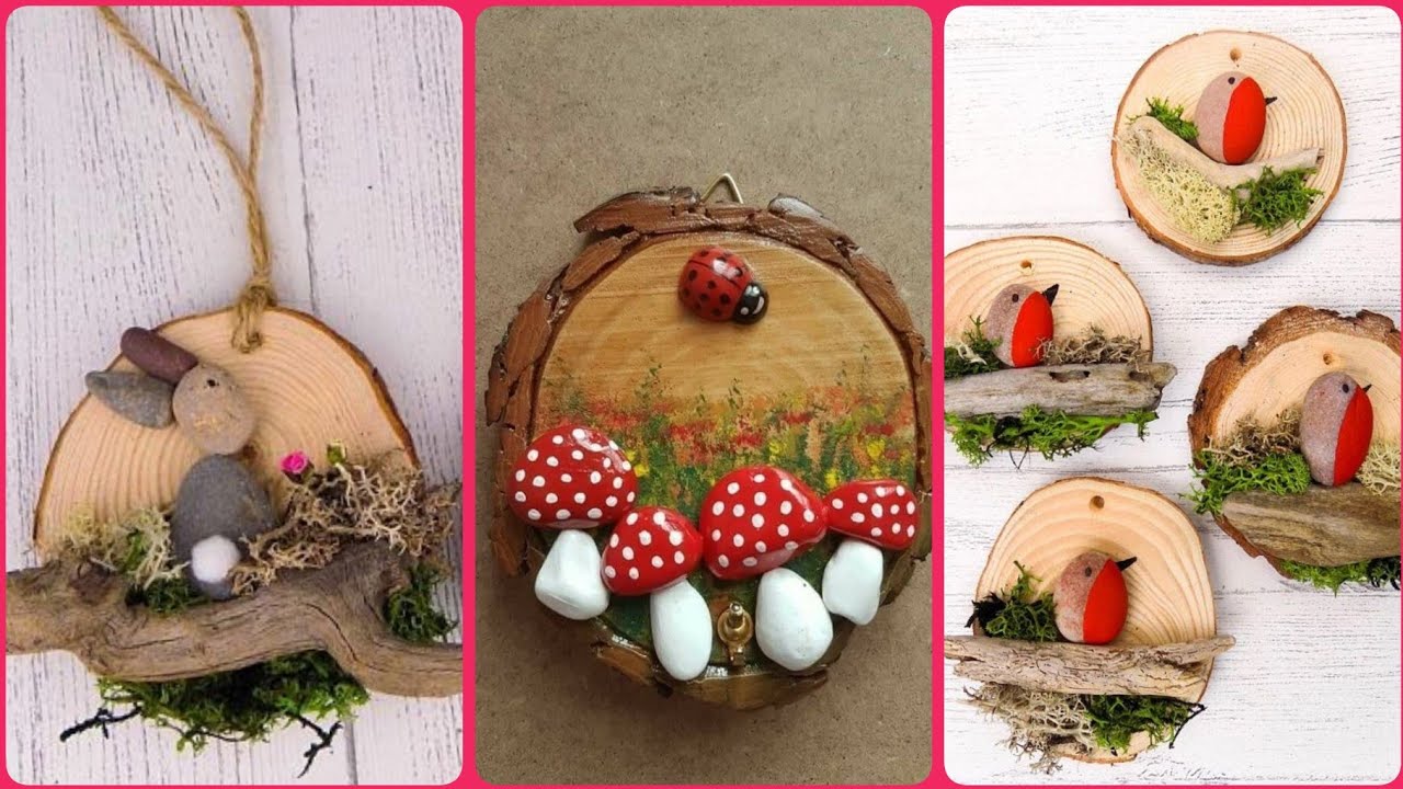 Fusion of wood slice and pebble/tree and stone art/trunk and rock craft ...