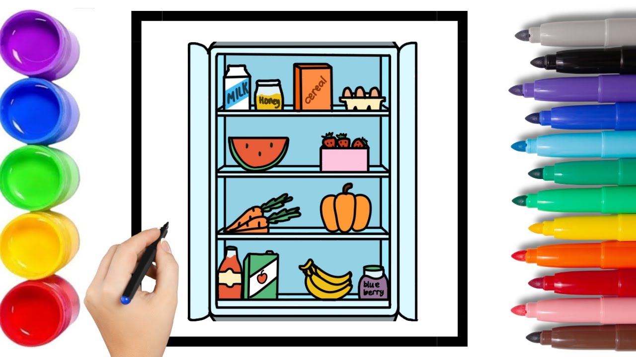 How To Draw A Fridge With Fruits And Food For Kids 🩷💛🩵 Fridge With Milk ...