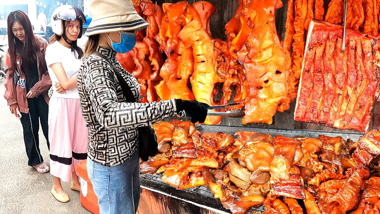 Never seen! Grilled pork stall by house fence - Cambodian street food ...