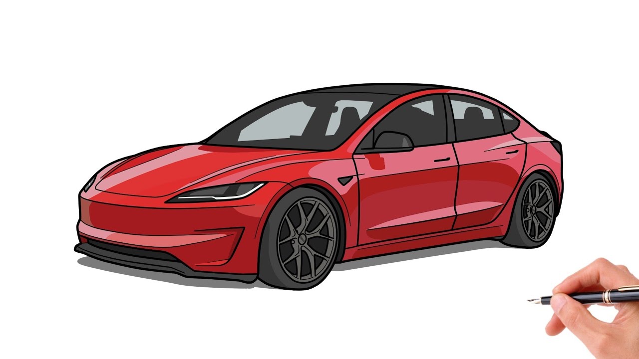 How to draw TESLA MODEL 3 / drawing Tesla Performance 2023 Car - YouTube