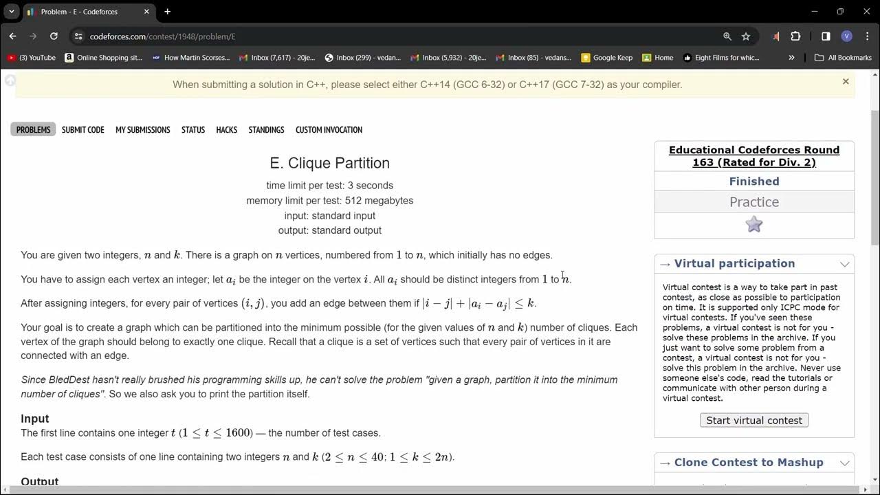Clique Partition Codeforces Educational Round 163 Div 2 Problem E Solution Youtube