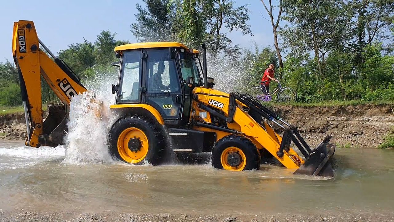 JCB Washing in River With Fun - JCB 3dx eco Backhoe Loader Cleaning in ...