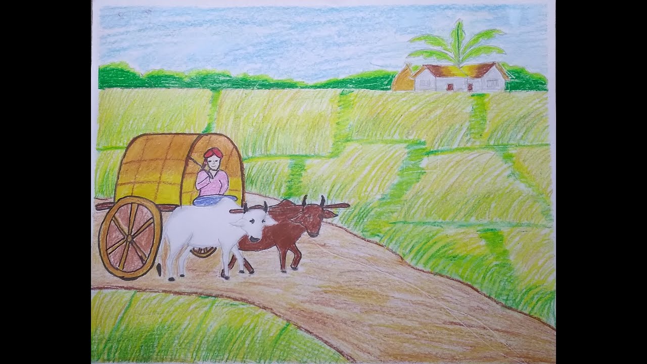Bullock cart village scenery ( step by step ) || Village scenery week ...